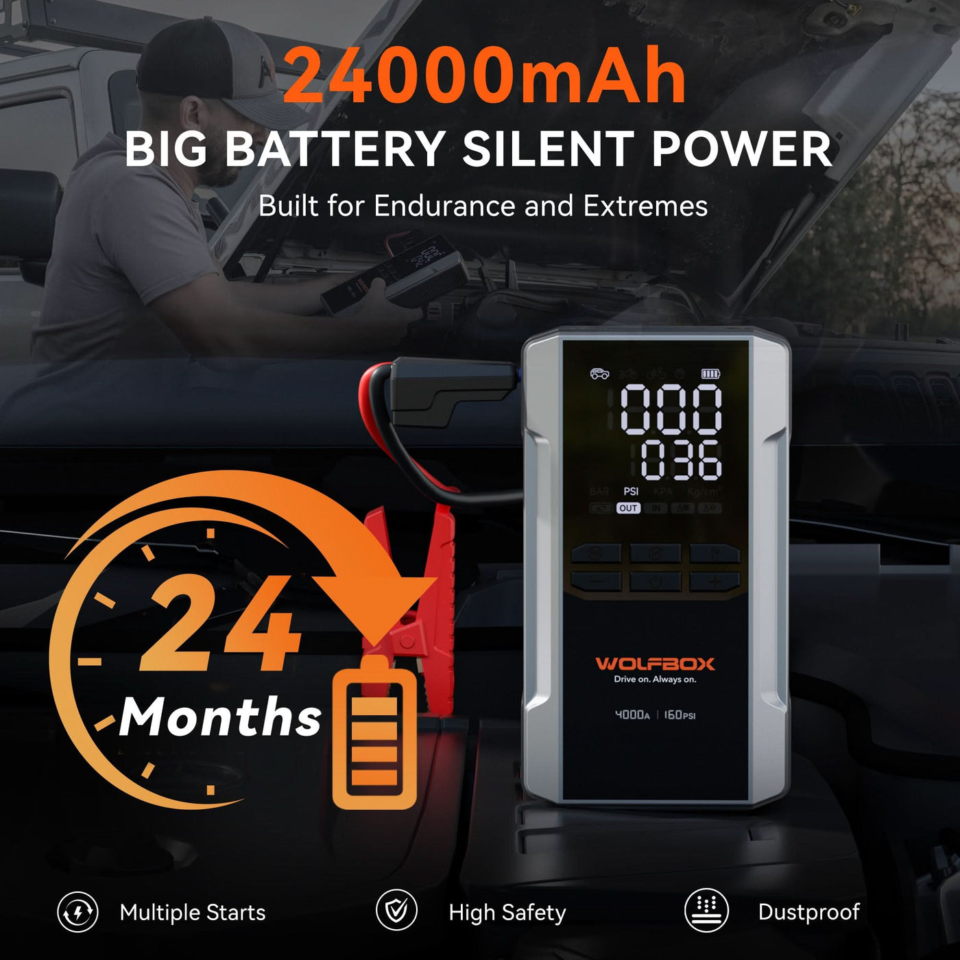 Jump Starter with Air Compressor Tire Inflator | Wolfbox MegaVolt 24Ai